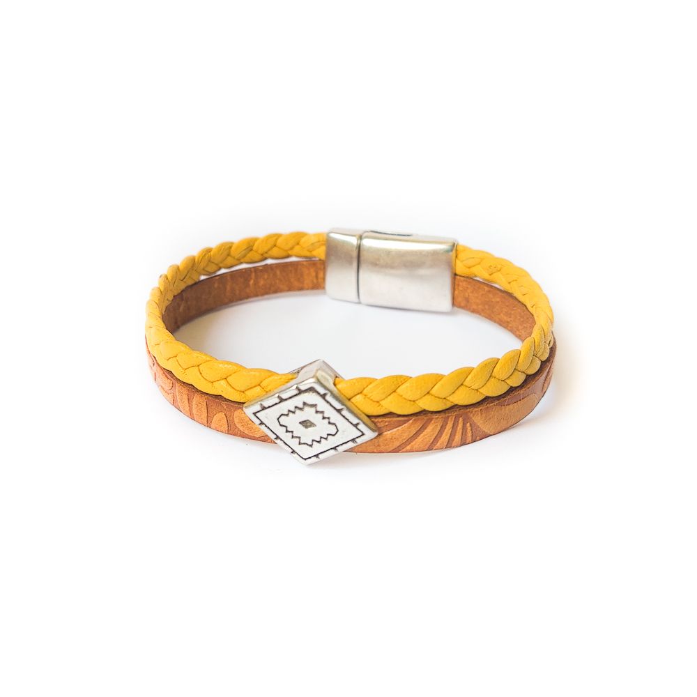 Bracelet en cuir tressé jaune - Tagua-creations